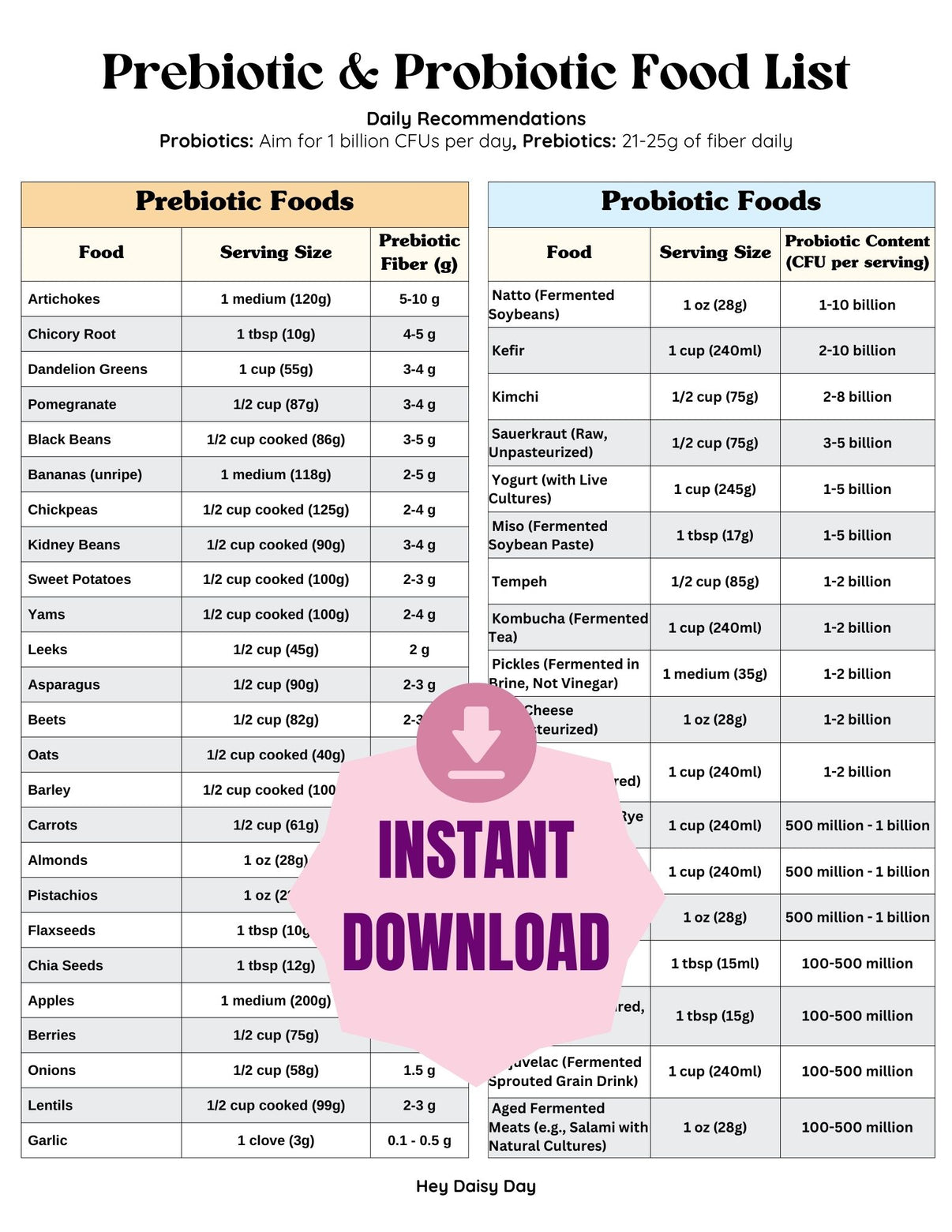 Prebiotic & Probiotic Food Chart for Gut Health – Hey Daisy Day