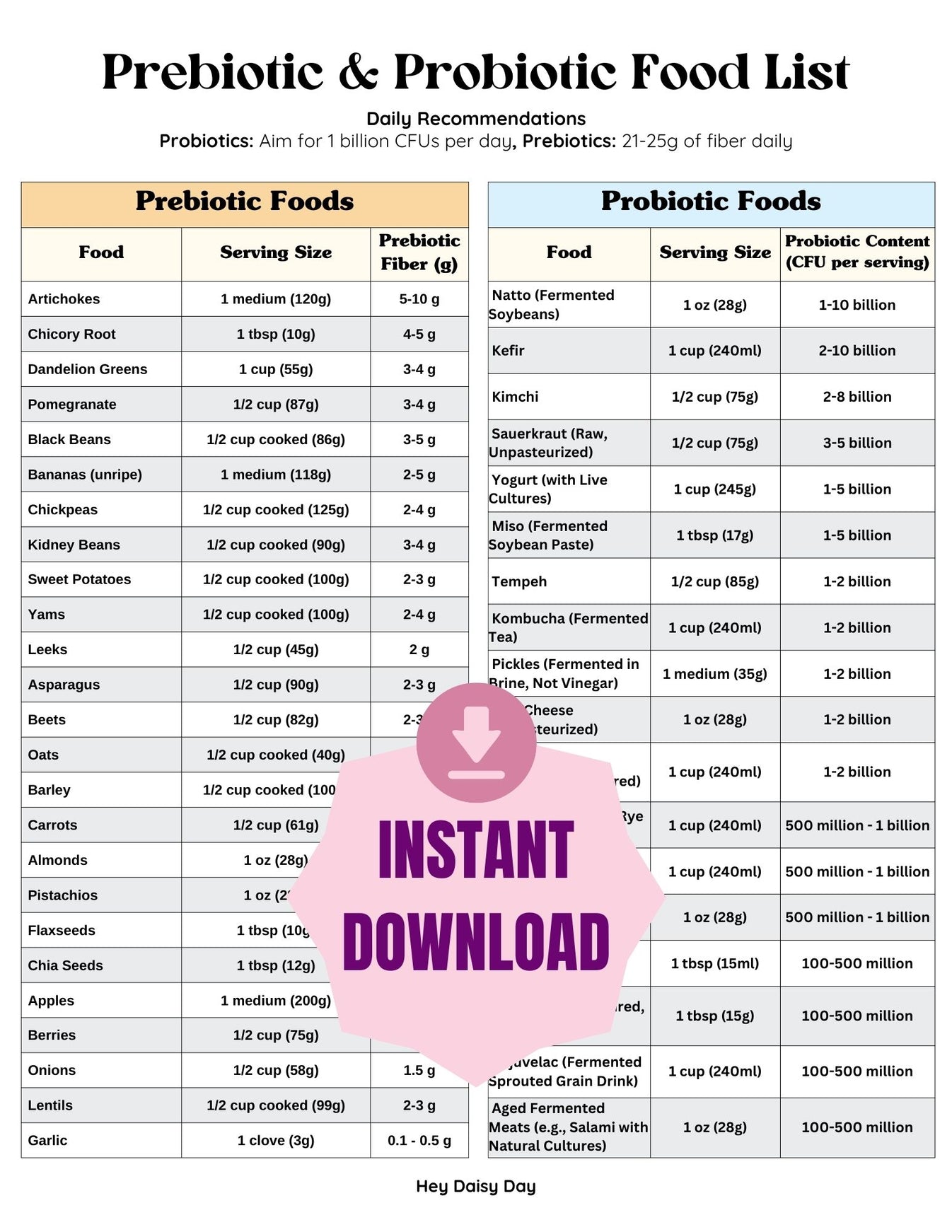 Prebiotic & Probiotic Food Chart for Gut Health – Hey Daisy Day