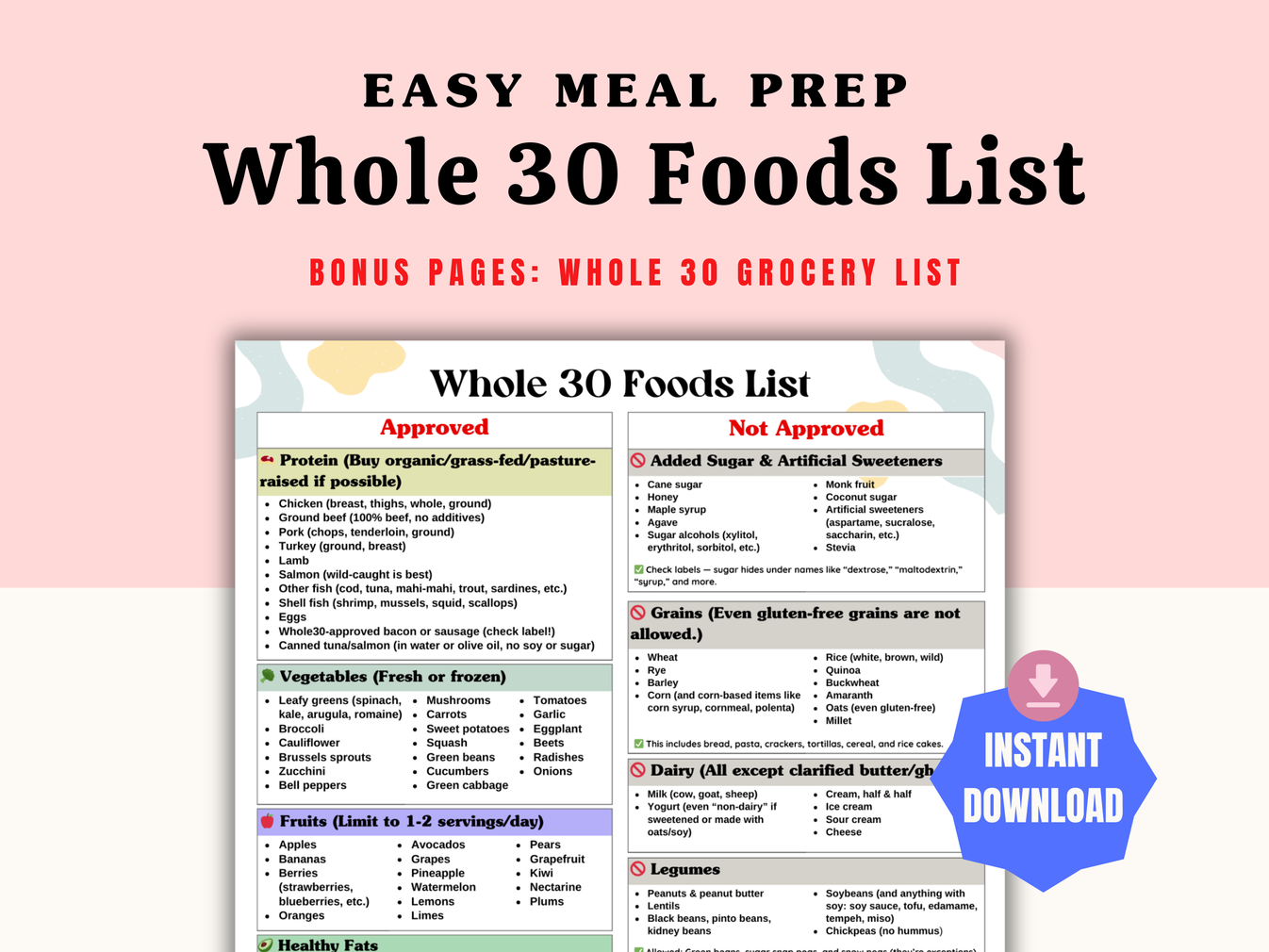 Whole30 Grocery List & Food Chart – Approved Foods PDF – Hey Daisy Day